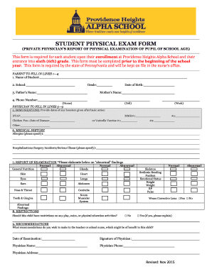 Fillable Online Physical Exam Form K-8 - Providence Heights Alpha ...