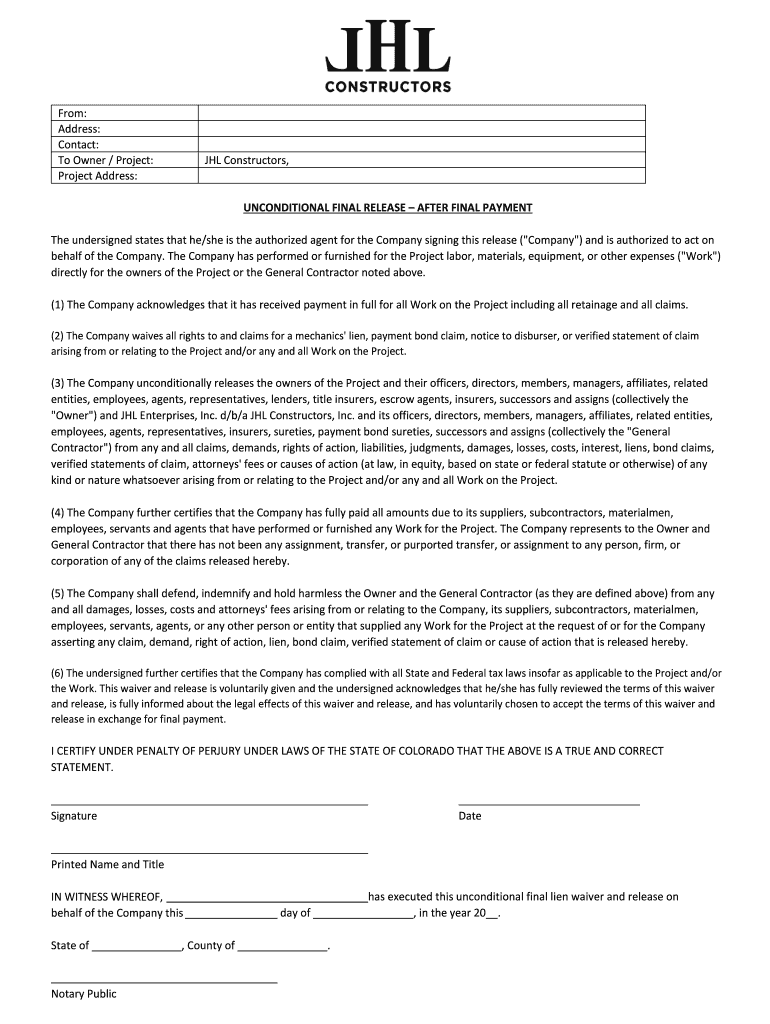 Fillable Online UNCONDITIONAL FINAL RELEASE AFTER FINAL PAYMENT Fax ...