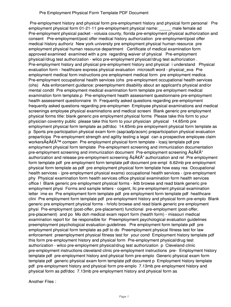 Fillable Online yncl Pre Employment Physical Form Template PDF ...