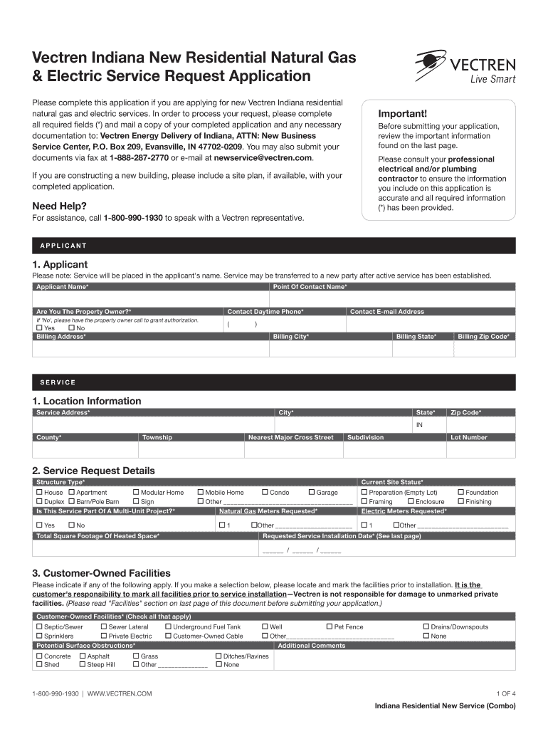Fillable Online Vectren Indiana New Residential Natural Gas & Electric ...