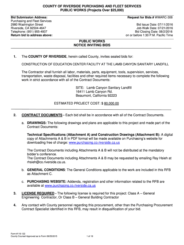 Fillable Online PUBLIC WORKS NOTICE INVITING BIDS 1. COUNTY OF ...