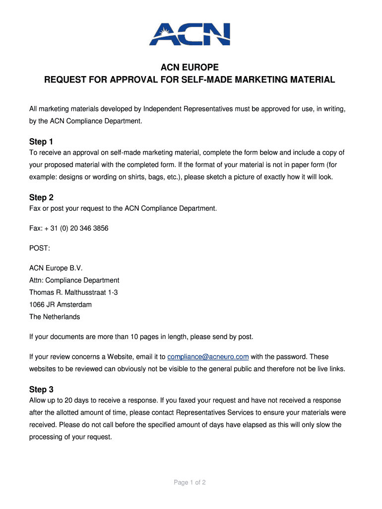 Fillable Online ACN EUROPE REQUEST FOR APPROVAL FOR SELF-MADE MARKETING ...