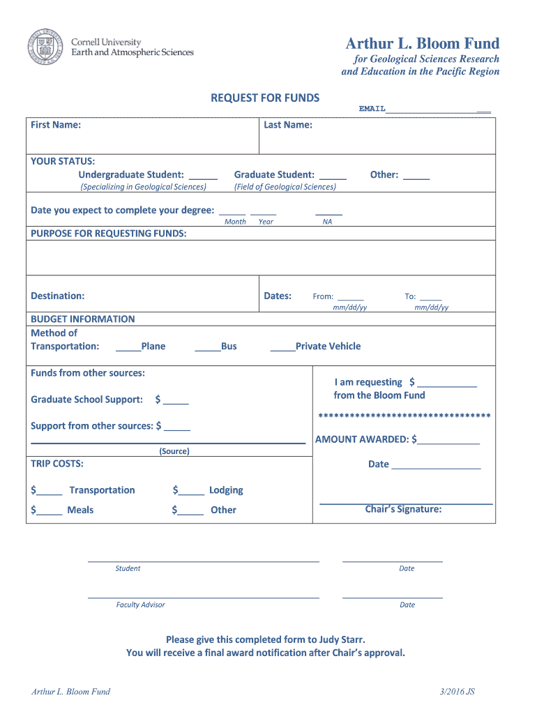 Fillable Online eas cornell REQUEST FOR FUNDS - eas.cornell.edu Fax ...