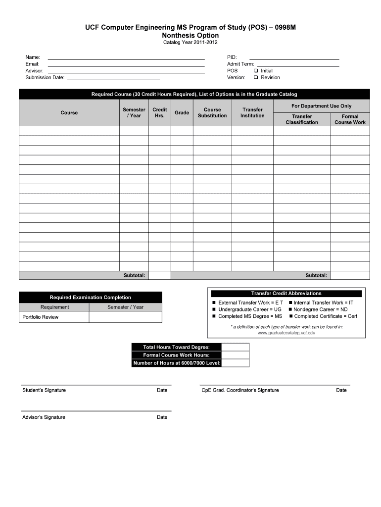 Fillable Online ece ucf UCF Computer Engineering MS Program of Study (POS) 0998M Fax Email Print ...