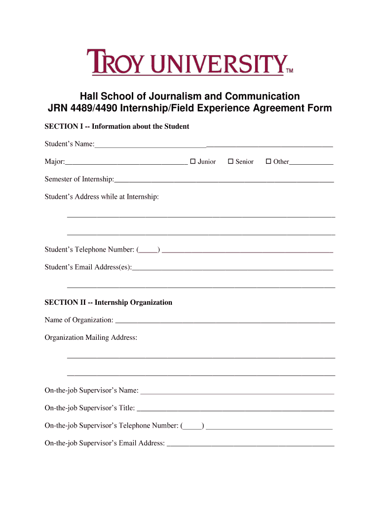Fillable Online troy Internship Agreement Form - Troy University - troy Fax Email Print - pdfFiller