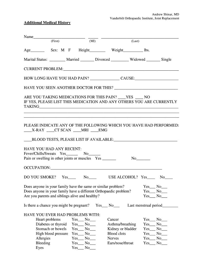 Fillable Online mc vanderbilt Additional Medical History - Vanderbilt University Medical ...