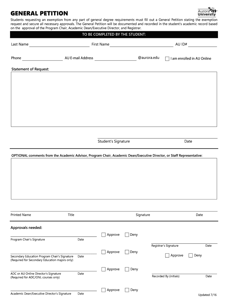 Fillable Online aurora GENERAL PETITION - aurora.edu Fax Email Print ...