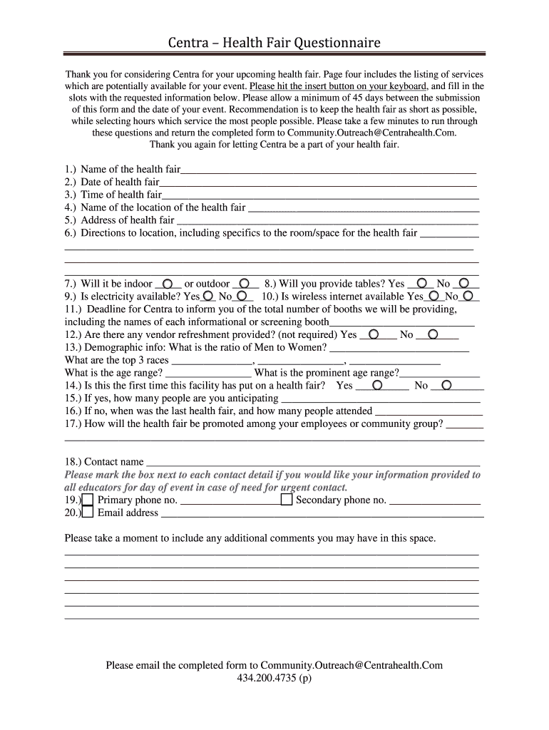 Fillable Online Centra Health Fair Questionnaire Fax Email Print ...