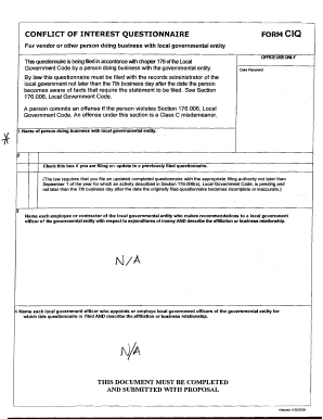Fillable Online CONFLICT OF INTEREST QUESTIONNAIRE FORM CIQ 1 I Fax Email Print - pdfFiller