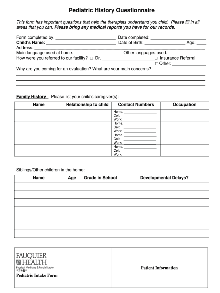 Fillable Online fauquierhealth Pediatric History Questionnaire ...