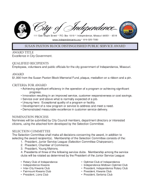 Fillable Online Susie Block Award Nomination Form 2011.indd - City of ...