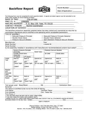 Fillable Online Backflow Report Permit Number - cityoffate.com Fax ...