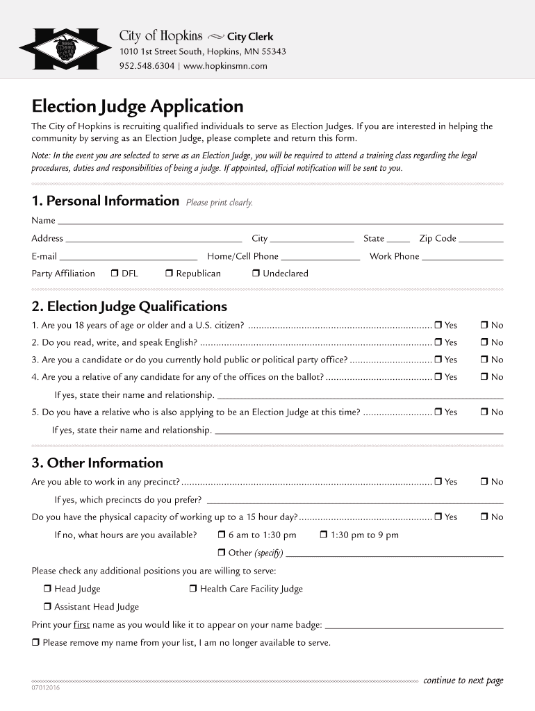 Fillable Online Election Judge Application - City of Hopkins Fax Email ...