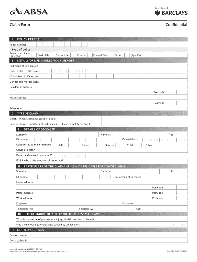 Fillable Online mymoments absa co Absa Life Claim form Fax Email Print ...
