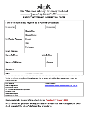 Fillable Online sirthomasabney hackney sch Nomination Form - Sir Thomas Abney Primary School Fax ...