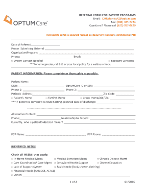 Fillable Online 1 of 2 01/2016 REFERRAL FORM FOR PATIENT ...