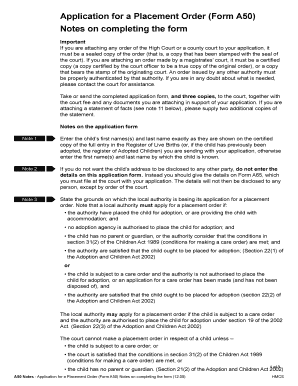 Fillable Online A50 Notes - Application for a placement order - Notes ...