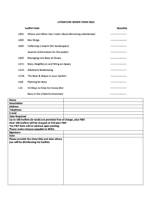 Fillable Online LITERATURE ORDER FORM 2015 Leaflet Code Quantity Fax ...