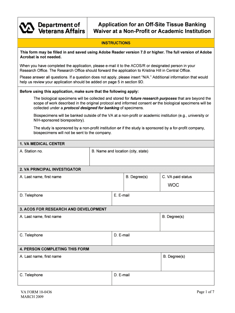 Fillable Online va Application for an Off-site Tissue Banking Waiver ...