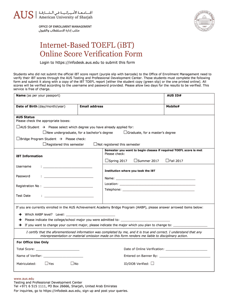 Fillable Online aus Internet-Based TOEFL (iBT) Online Score ...