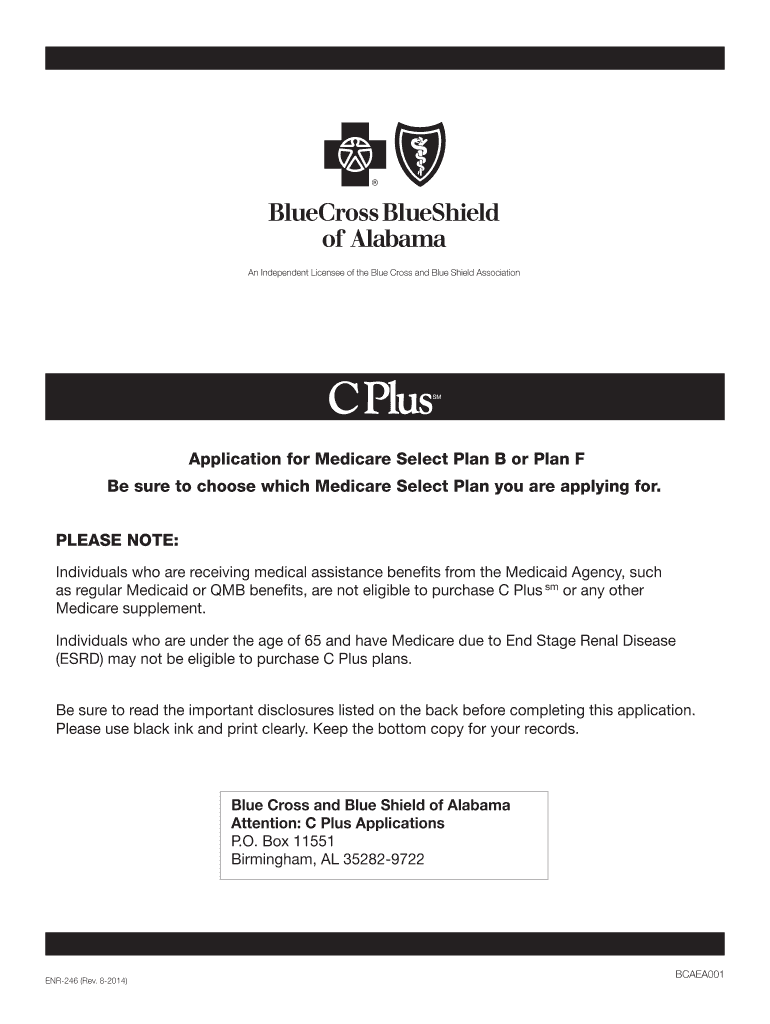 Fillable Online bcbsal Application for Medicare Select Plan B or Plan F ...