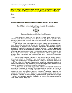Fillable Online now k12 wi National Honor Society Application 2014-2015 ...
