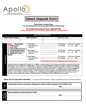 Fillable Online APOLLO DIRECT DEPOSIT FORM - arsconnects.com Fax Email ...