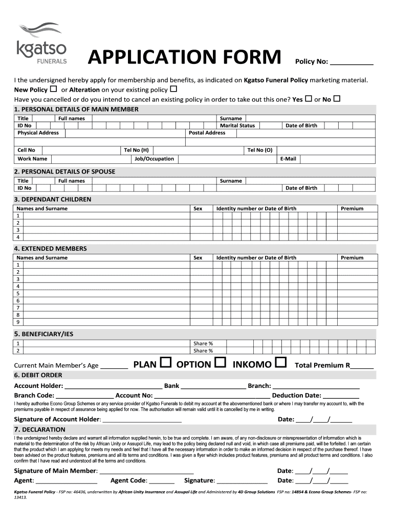 Fillable Online kgatso co funeral policy application - Kgatso Funerals Fax Email Print - pdfFiller