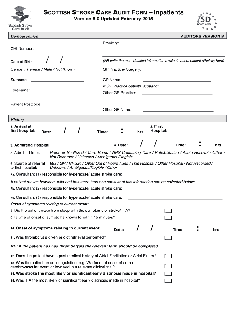 Fillable Online strokeaudit scot nhs Inpatient Form B - Scottish Stroke ...