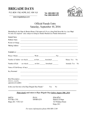 Fillable Online Printable Parade Entry Form - Hope Brigade Days, Hope ...