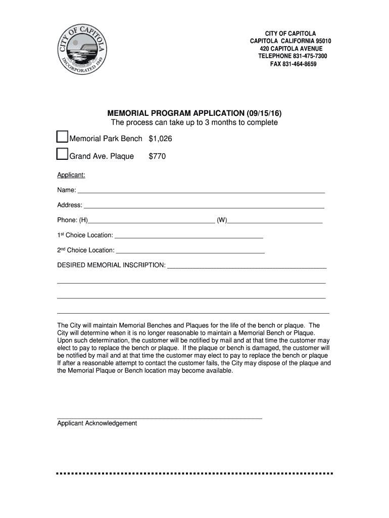 Fillable Online ci capitola ca memorial program application - City of ...