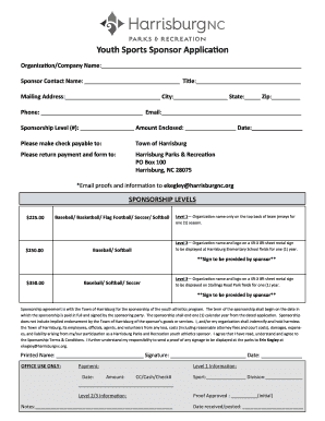Fillable Online Youth Sports Sponsor Application - harrisburgnc.org Fax ...