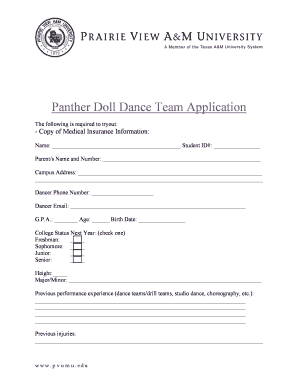 Fillable Online pvamu Panther Doll Dance Team Application Fax Email Print - pdfFiller