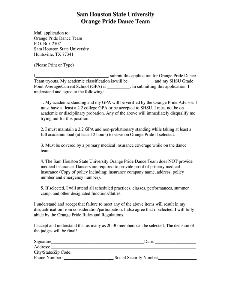 Fillable Online shsu Orange Pride Dance Team Fax Email Print - pdfFiller