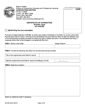 Fillable Online 08-435 Certificate of Correction FORM.doc Fax Email ...