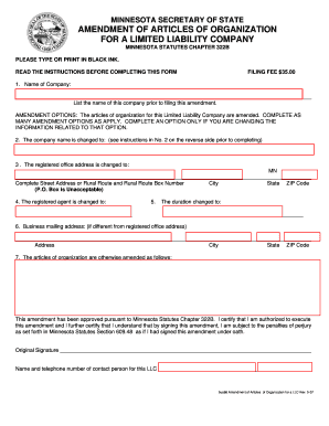 Fillable Online STATE OF MINNESOTA SECRETARY OF STATE ARTICLES OF ...