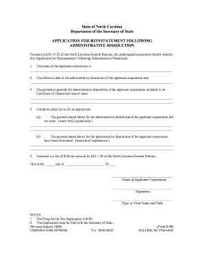 Fillable Online Application for Reinstatement following Administrative ...