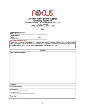 Fillable Online Purchasing Informal Bid Form - Jackson Public Schools ...