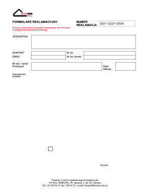 Fillable Online FORMULARZ REKLAMACYJNY BOR-POL. Formularz reklamacyjny ...