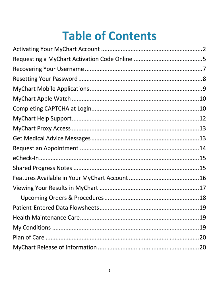 Fillable Online mychart texashealth Table of Contents - Texas Health ...