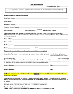 Fillable Online Empire Authorization Form - Empire Condo Professionals Fax Email Print - pdfFiller