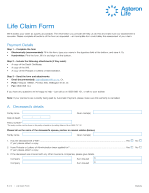 Fillable Online Life Claim Form - asteronlife.co.nz Fax Email Print ...