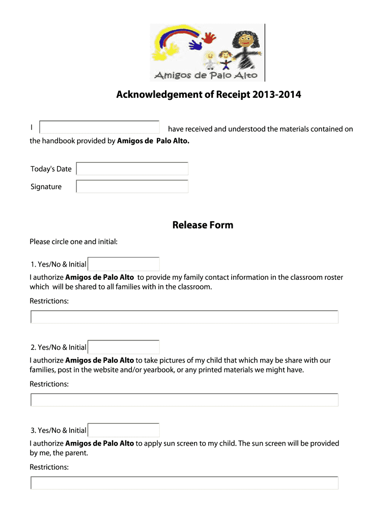 Fillable Online Acknowledgement of Receipt 2013-2014 Release Form Fax ...