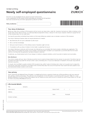 Fillable Online Newly self-employed questionnaire - zurich.co.nz Fax ...