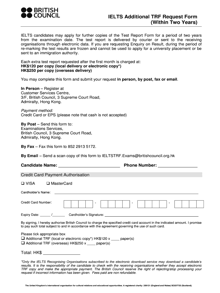 Fillable Online britishcouncil IELTS Additional TRF Request Form ...
