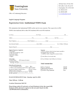 Fillable Online framingham Registration Form Institutional TOEFL Exam ...