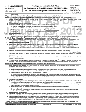 Fillable Online Form 5304-SIMPLE (Rev. January 2012). Savings Incentive ...