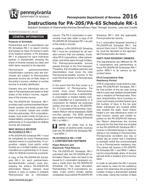 Fillable Online 2016 - PA-20S/PA-65 - Schedule RK-1 - Instructions ...