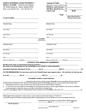 Fillable Online Immediate Possession with Small Claims - Noble County ...