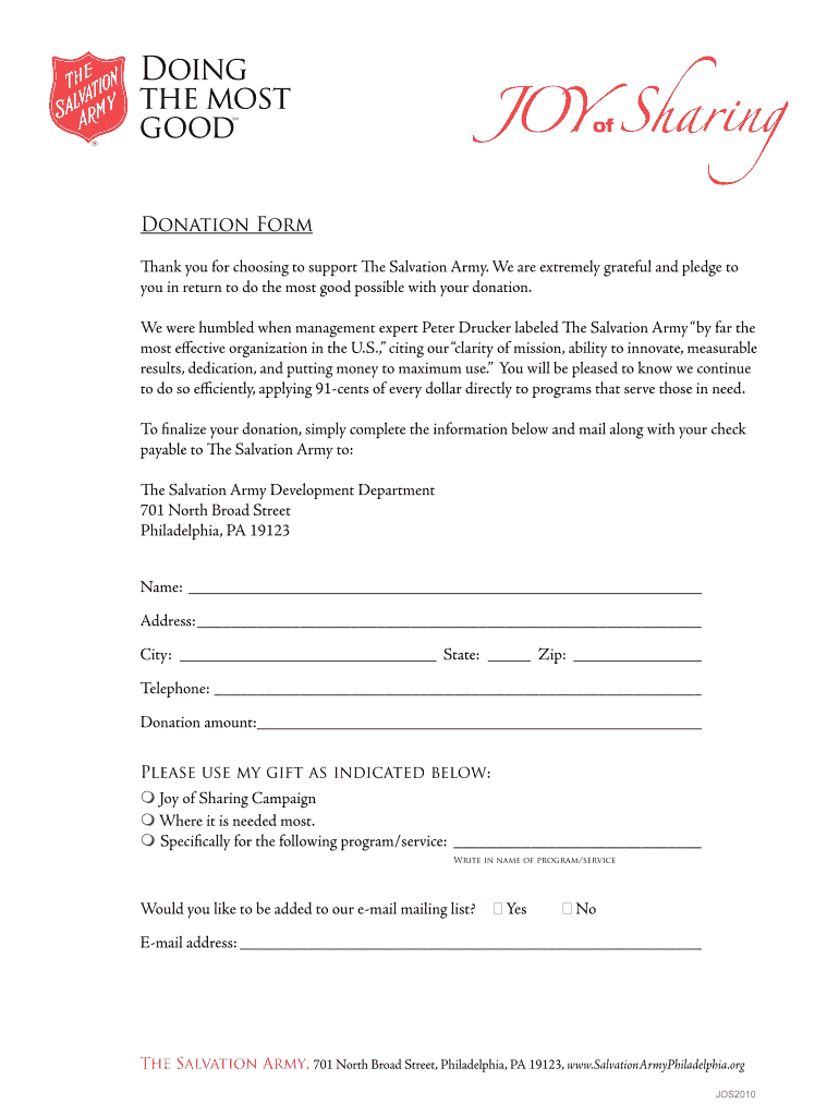 Fillable Online salvationarmyphiladelphia Donation Form - Salvation ...